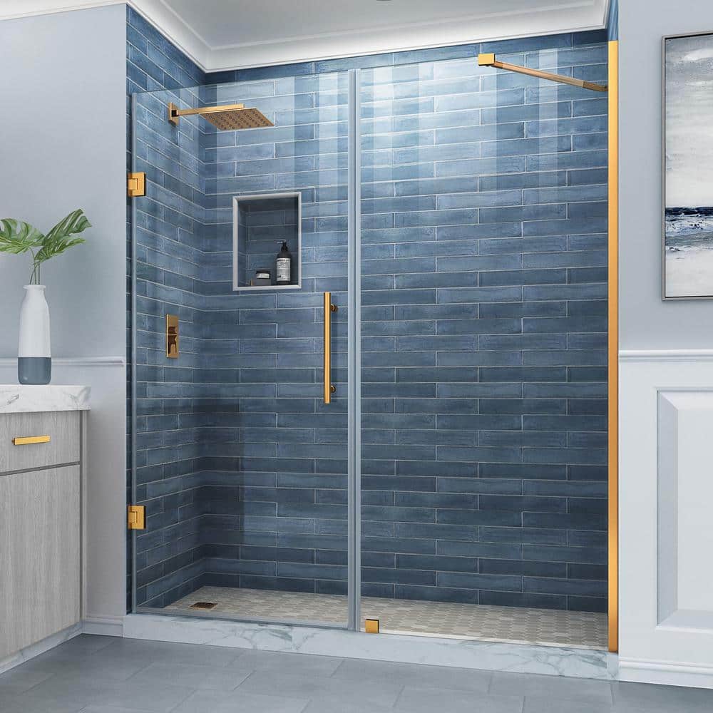 Aston Belmore 69.25 - 70.25 in. W x 72 in. H Frameless Hinged Shower ...