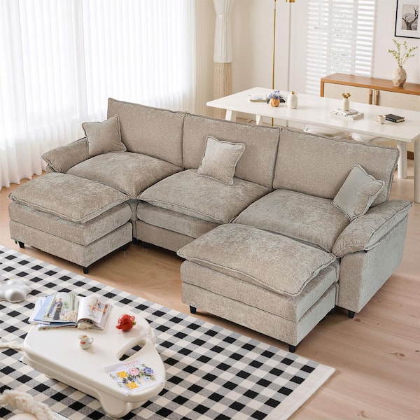 WONDER COMFORT Modern Oversized 121.7 in. Pillows Armrests U-Shape Chenille Modular Sectional ...