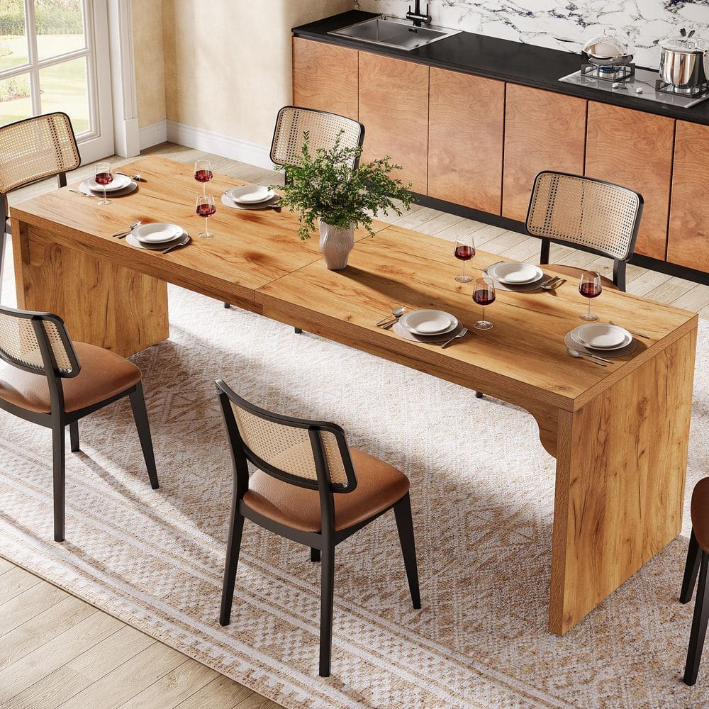 BYBLIGHT Moronia Light Brown Wood 78.7 in. Trestle Dining Table Seats 8 ...