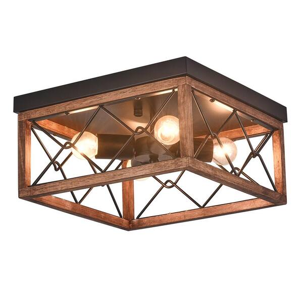 aiwen 12.6 in. 4-Light Farmhouse Rustic Square Wooden Flush Mount ...