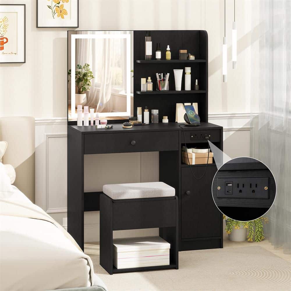 HONEY JOY Black Makeup Vanity Set with Mirror and Lights Makeup ...
