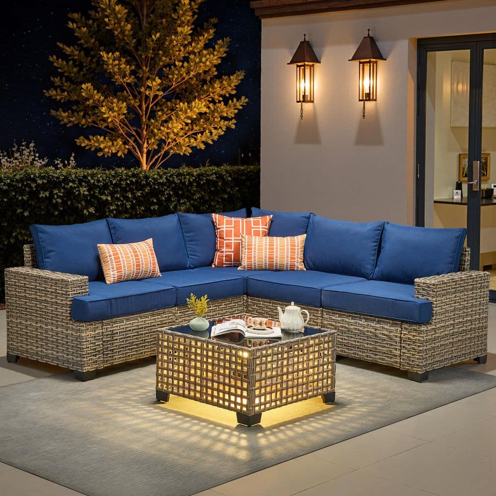 XIZZI Ulrica 6-Piece Wicker Outdoor Sectional Set with Navy Blue ...