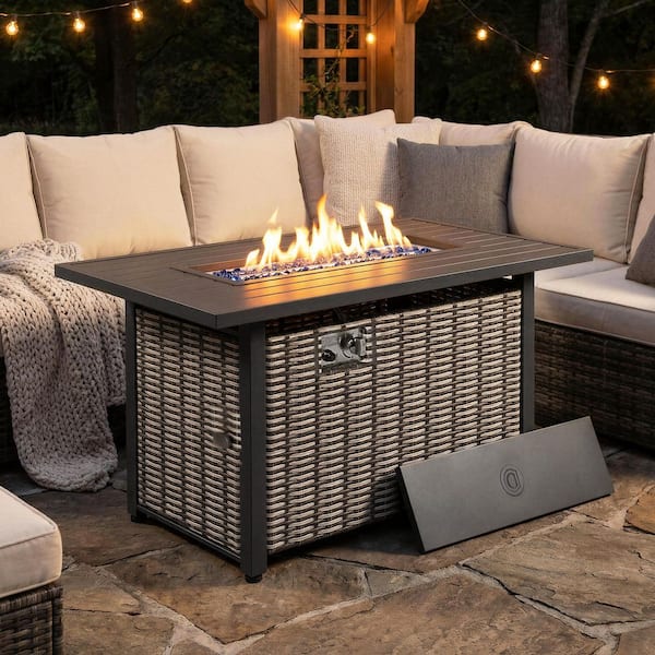 Nuu Garden 43 in. W Rectangular Metal and Rattan Propane Gas Brown Fire ...