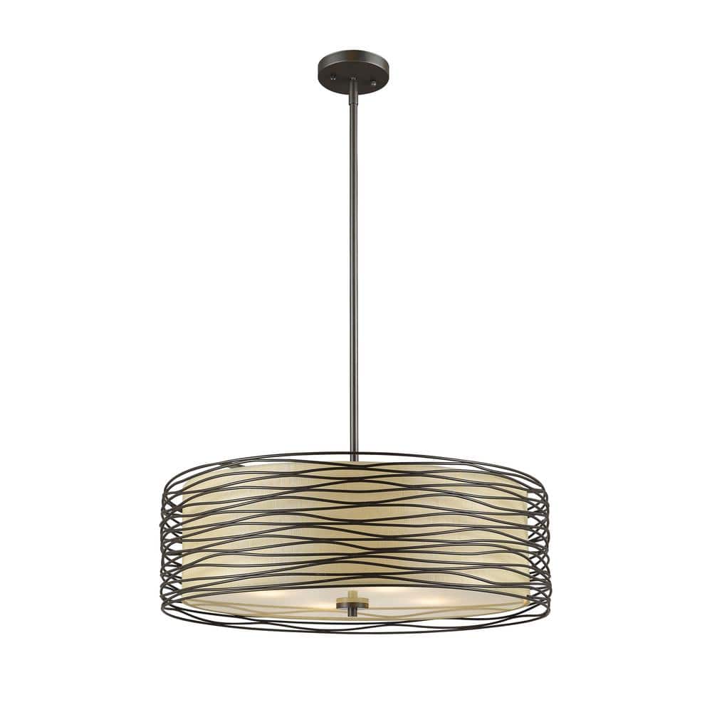 Zinnia 3-Light Bronze Shaded Pendant Light with Flax Linen Fabric Shade ...