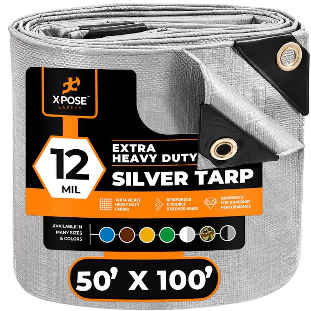 XPOSE SAFETY Heavy-Duty Silver Poly Tarp 50 ft. x 100 ft. Multi-Purpose Protective Cover Durable ...