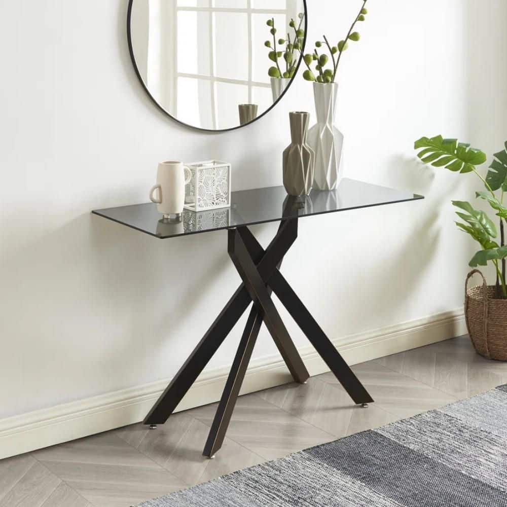 EDYO LIVING 45 in. Black Rectangle Glass Top Console Table with Modern ...