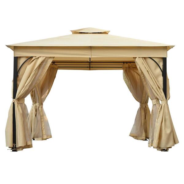 10 ft. x 12 ft. Beige Outdoor Gazebo Canopy Tent with Double Roofs ...