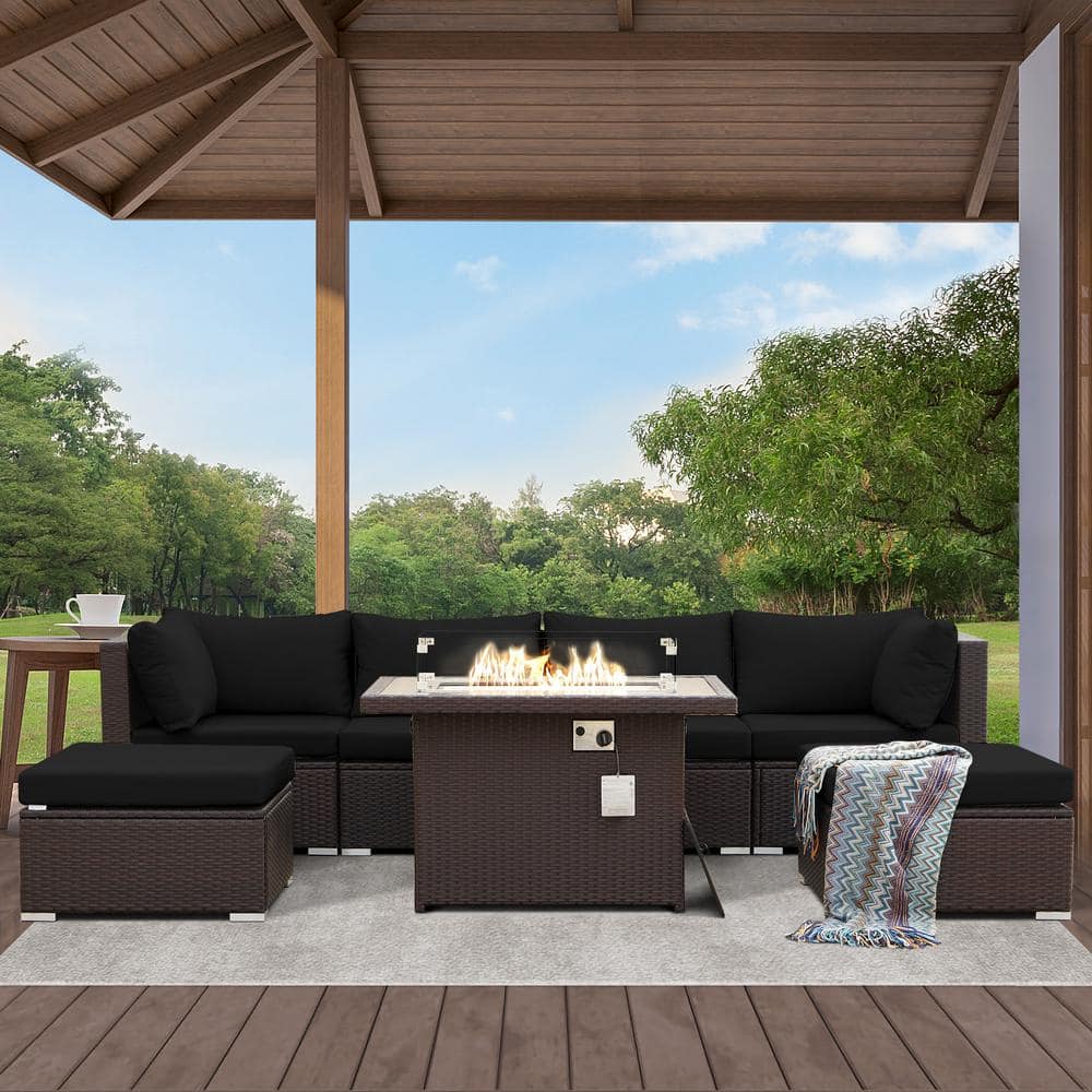 NICESOUL Luxury 7-Piece Espresso Wicker Patio Fire Pit Coversation ...