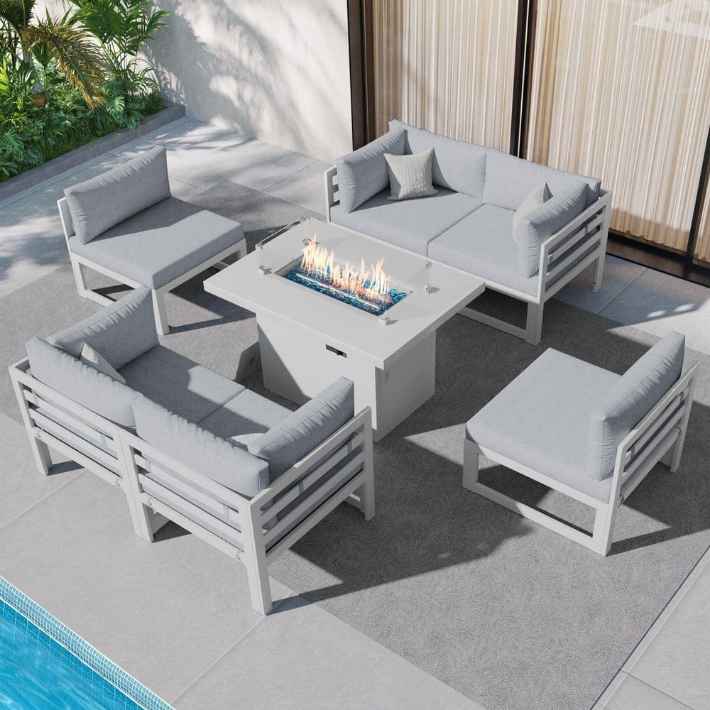 7-Piece White Aluminum Patio Conversation Set Fire Pit Patio Sets with ...