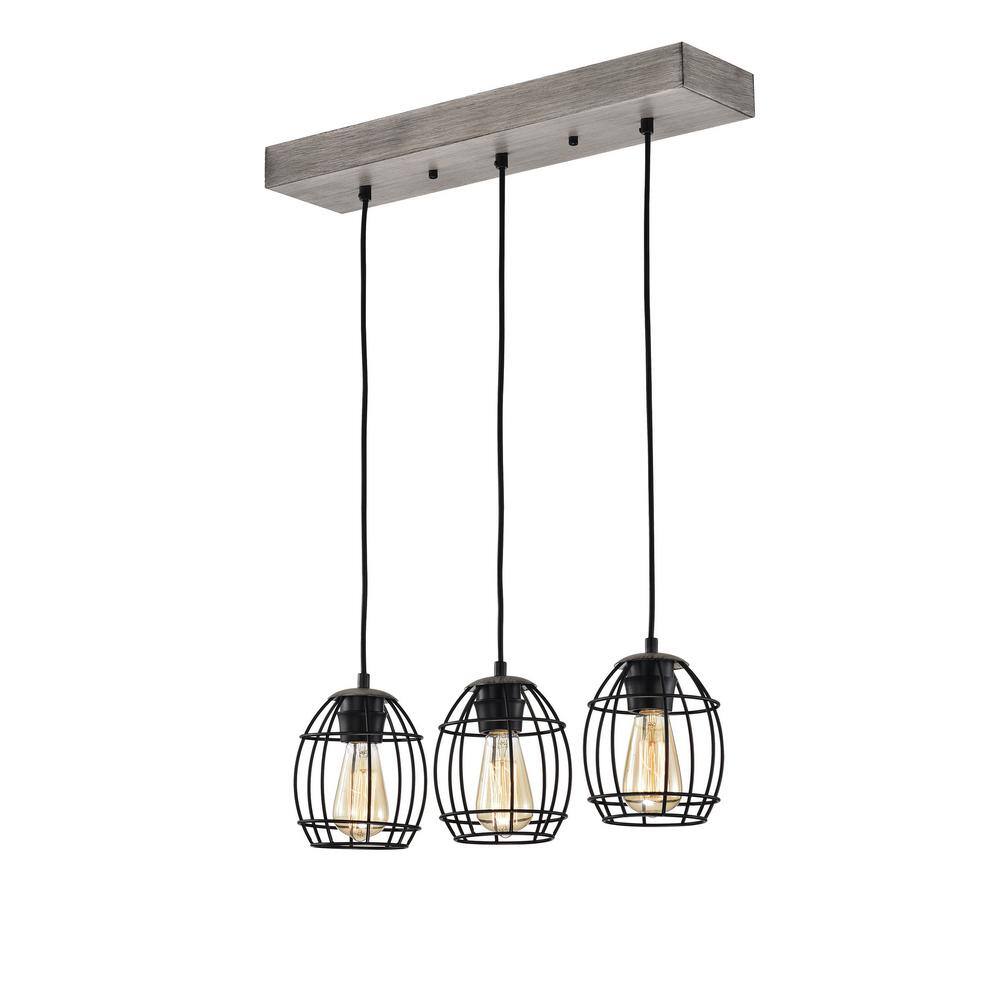 Edvivi Triscot 3-Light Modern Farmhouse Gray Wood Linear Pendant with ...