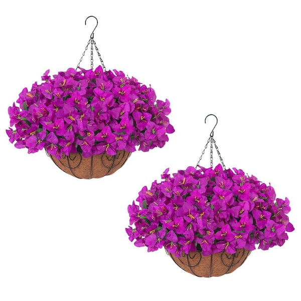 2-Set 10 in. Purple Artificial Bougainvillea Flowers with Brown Basket ...