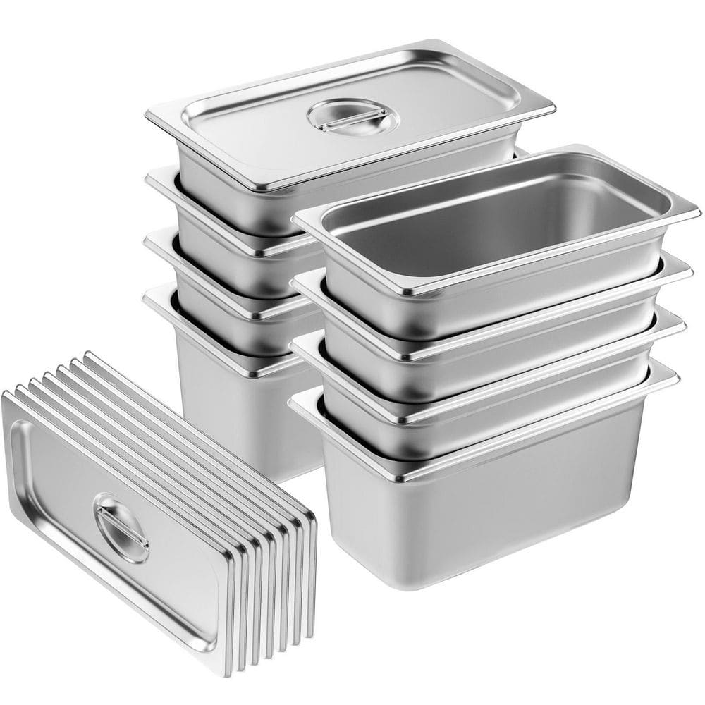 SKYSHALO 8-Pack Hotel Pans, 6.3 qt. Anti-Jam Steam Pan with Lid, 6 in. Deep 0.8 mm Thick ...