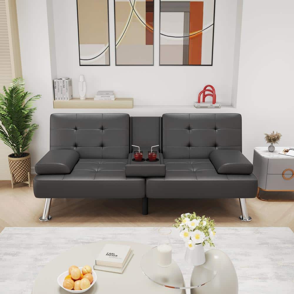 65 in. Convertible Folding Futon Sofa Bed Gray Faux Leather Upholstered Roomy Love Seat