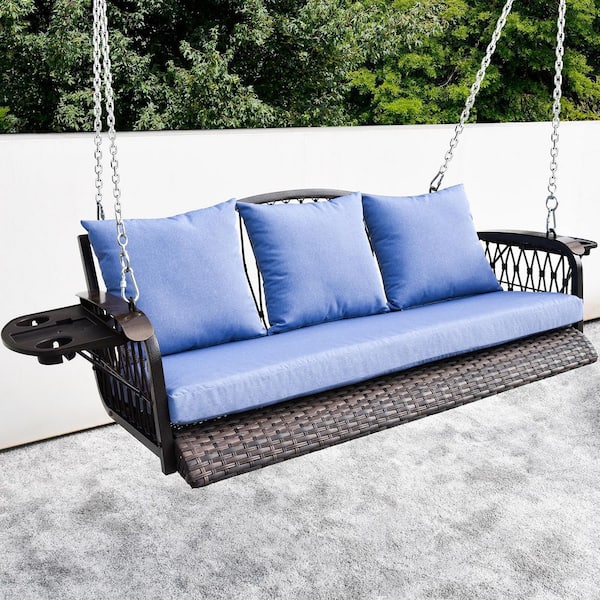 3-Person Brown Wicker Porch Swing with Blue Cushions for Garden HG-279 ...