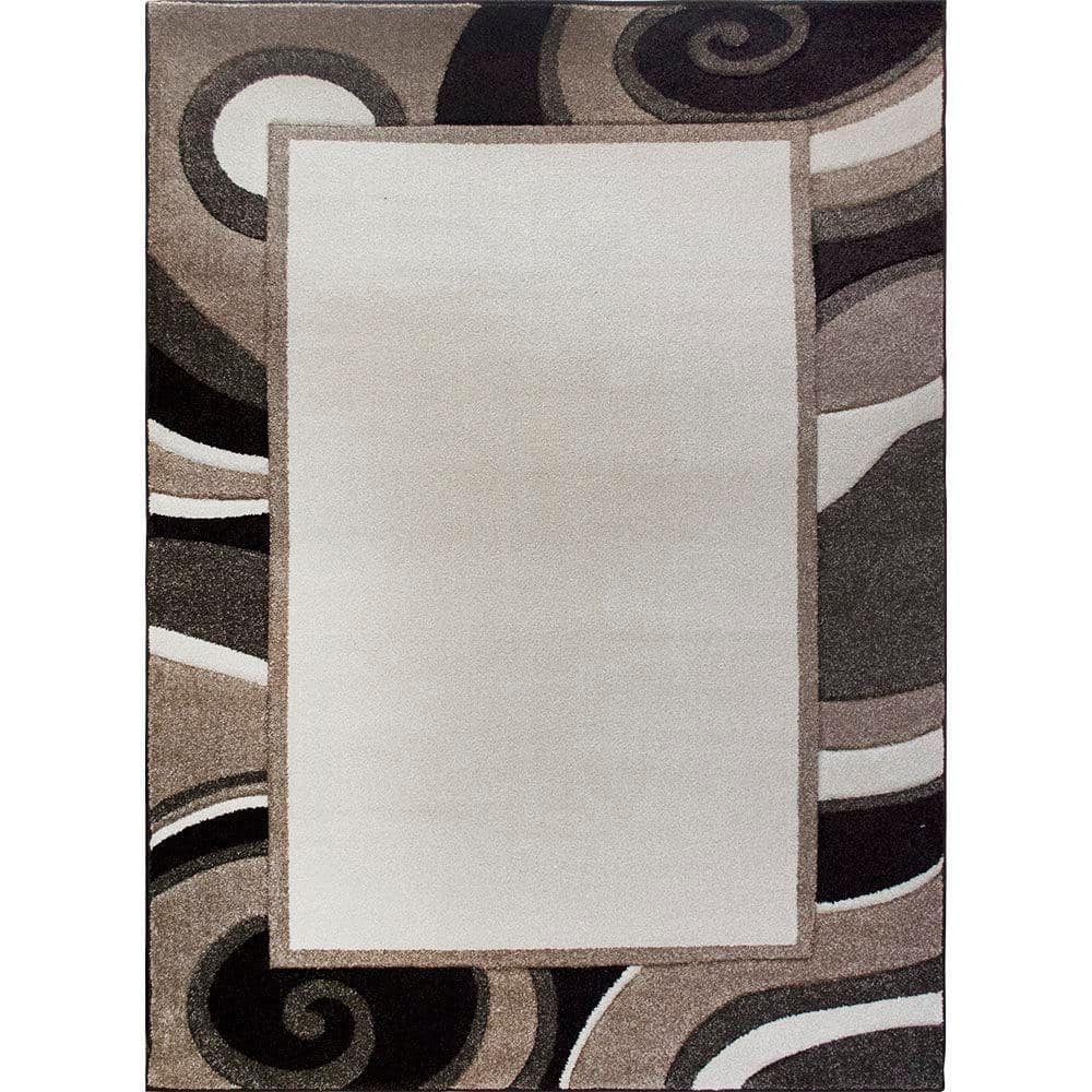 PRIVATE BRAND UNBRANDED Bazaar Wavy Border Cream/Brown 5 ft. x 7 ft ...