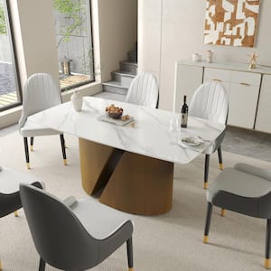 J&E Home Gray Rectangle Marble Top 70 in. Pedestal Dining Table Seats 8 ...