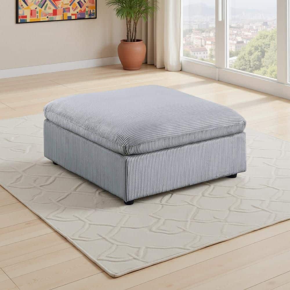 Benjara Joana Light Gray Corduroy Rectangular Cocktail Small Ottoman ...