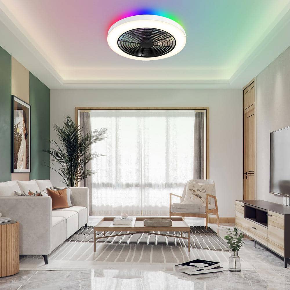 TOZING 20 in. LED Indoor Black Low Profile RGB Flush Mount Ceiling Fan ...