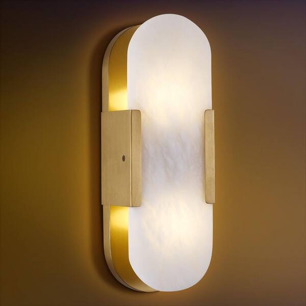 PUYRNF 14 in. 2-Light Brass Dimmable Alabaster Wall Sconces, Natural ...