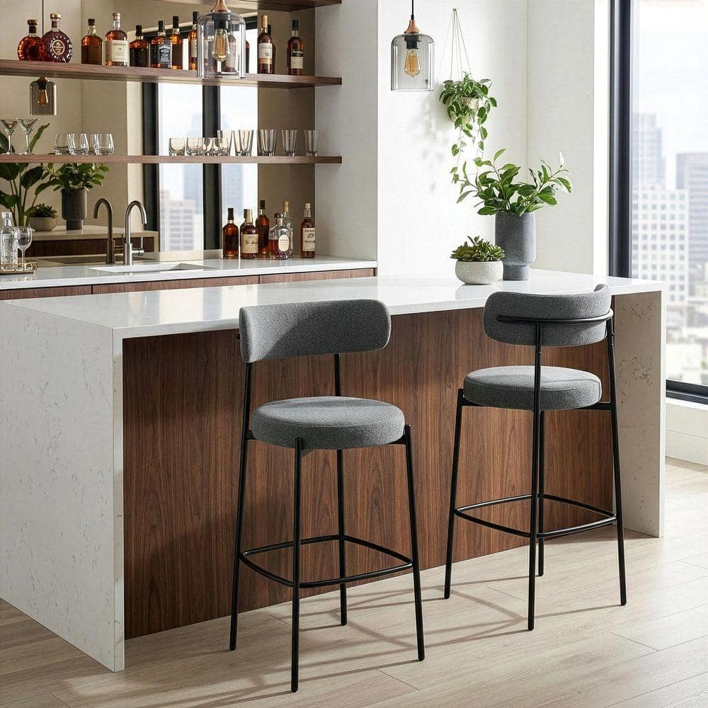 Glamour Home Awen 27 in. Gray Boucle Metal Bar Stool with Black Legs ...