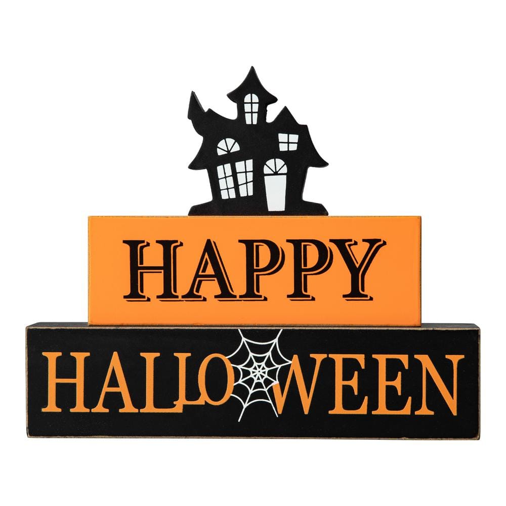 Glitzhome 7.75 in. H Happy Halloween Wooden Haunted House Block Sign ...