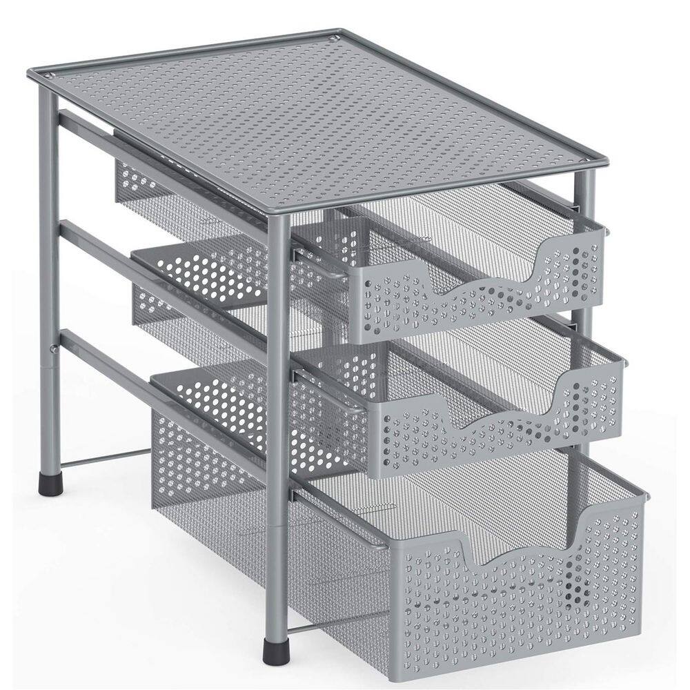 Silver 11 in. x 13.8 in. Metal Modern 3 Tier Desk Organizer Drawer ...