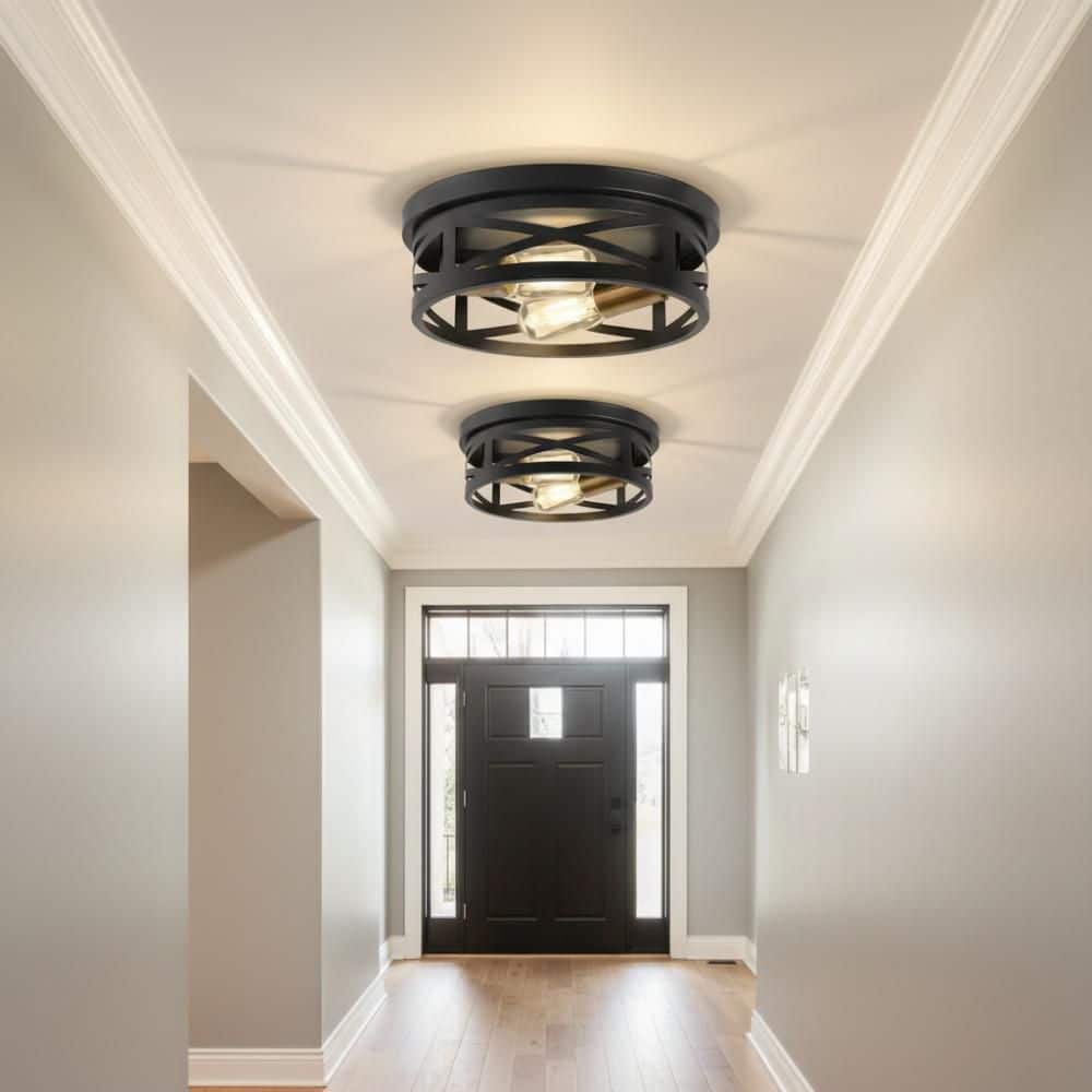 YANSUN 11 in. 2-Light Black Farmhouse Flush Mount with Drum Metal Cage ...