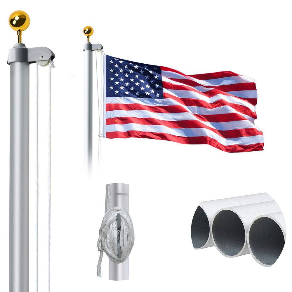 MOEPISY 20 ft. Silver Sectional Flagpole Kit, 14 Gauge Heavy Duty ...