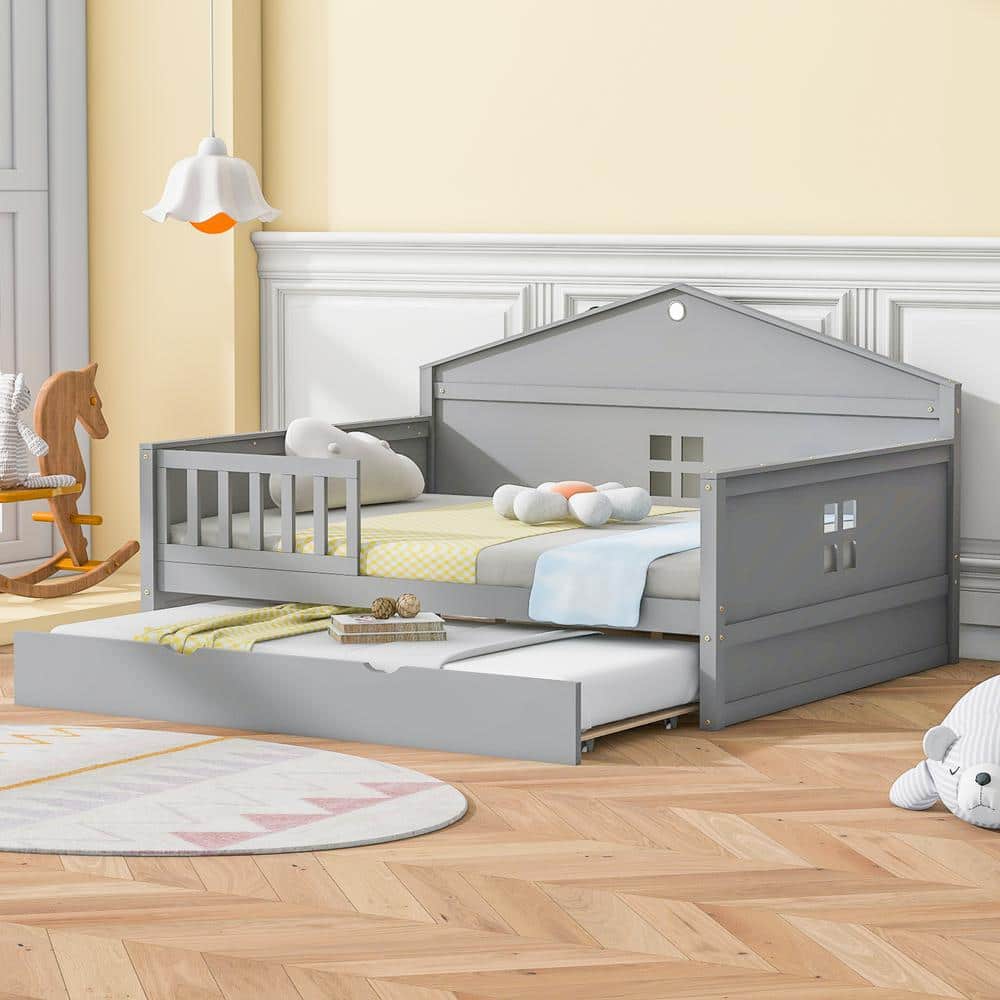 Harper & Bright Designs Gray Full Size Wood House-shaped Daybed with a ...