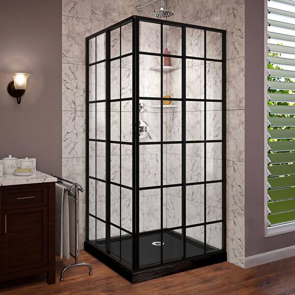 DreamLine French Corner 36 in. W x 36 in. D x 74.75 in. H Framed Shower Enclosure and Shower Base Kit in Matte Black DL 6789 09 The Home Depot