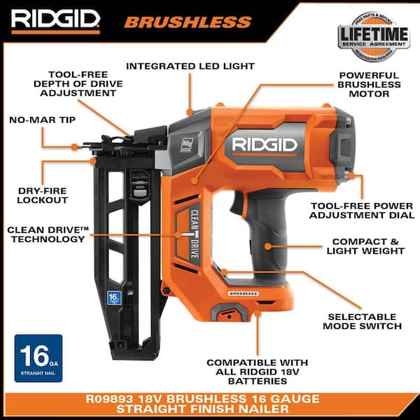 RIDGID 18V Brushless Cordless 16-Gauge 2-1/2 in. Straight Finish Nailer ...