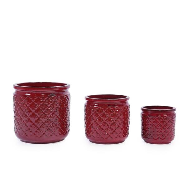 Dovelina Bean Paste Red Set of 3 Mixed Size Outdoor Ceramic Plant Pots ...