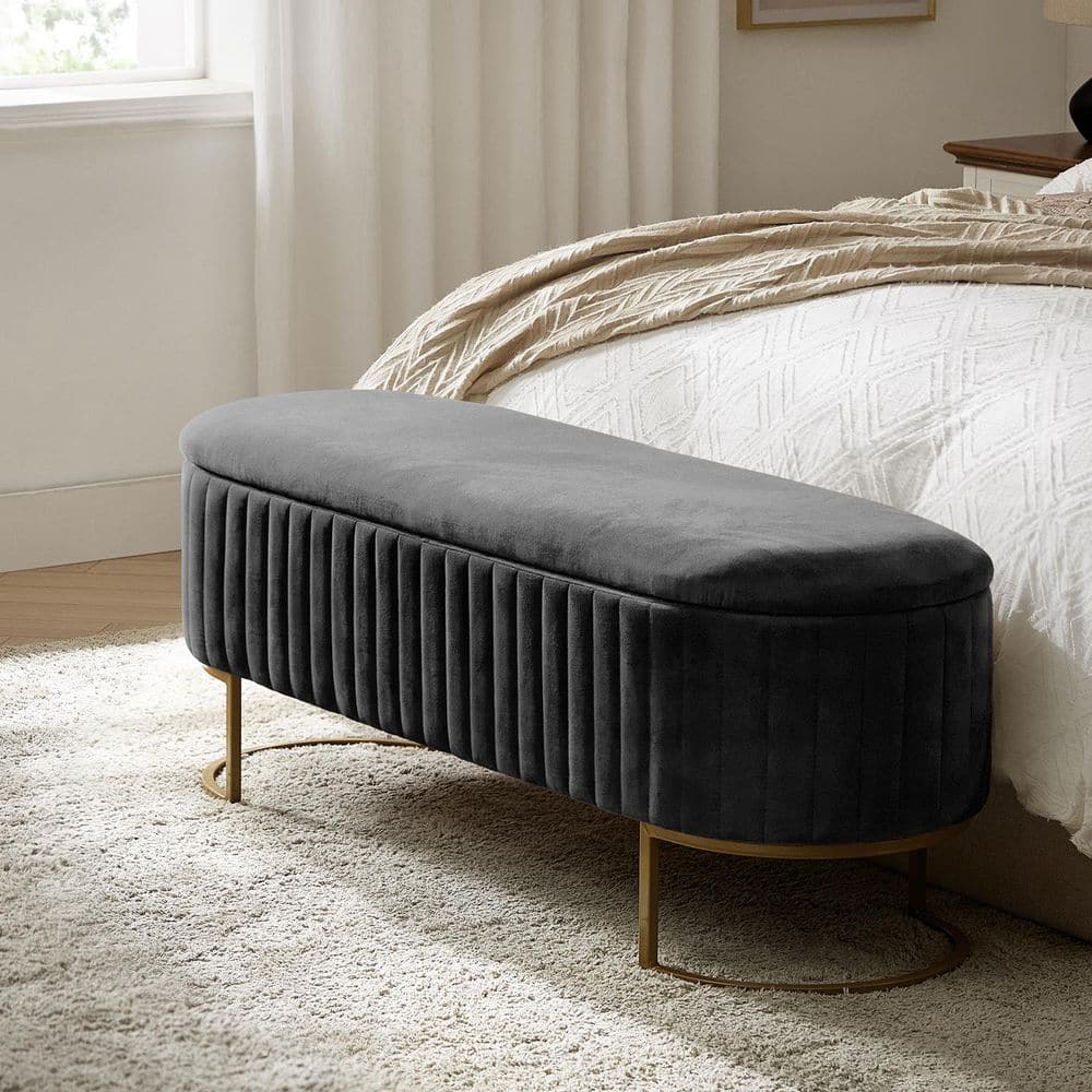 JAYDEN CREATION Drotar Grey Modern Storage Bench with Metal Base 50.5 ...