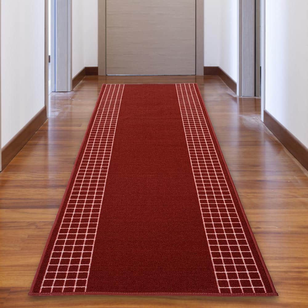 PLAYA RUG Checkered Border Red 31 in. W x 16 ft. L Runner Rug/Stair ...