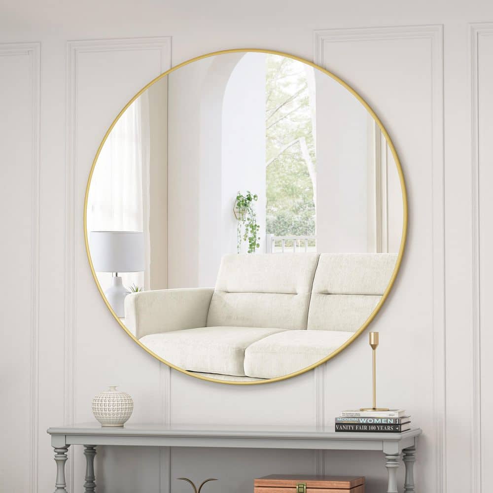 Gold 38.19 in. W x 38.19 in. H Art Deco Round Glass Framed Mirror Wall ...