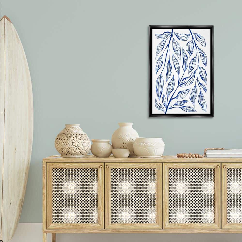 Stupell Industries Simple Blue Leaves on White by Martina Pavlova Black ...