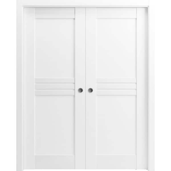 VDOMDOORS 56 in. x 80 in. 2 Panel White Finished MDF Sliding Door with ...