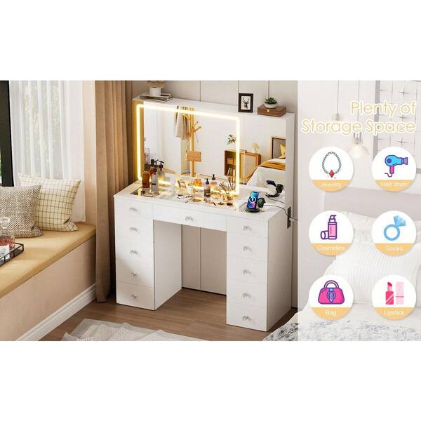 PAKASEPT White Vanity Desk With Power Outlet, Makeup Vanity Table With ...