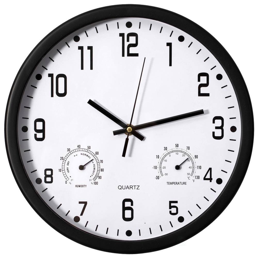CLOCKSWISE 12 in. Non-Ticking Wall Clock Thermometer, Hygrometer ...