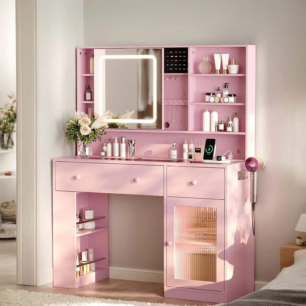 Karl home 1-piece Macaron Pink Particle Board Makeup Vanity Table with ...