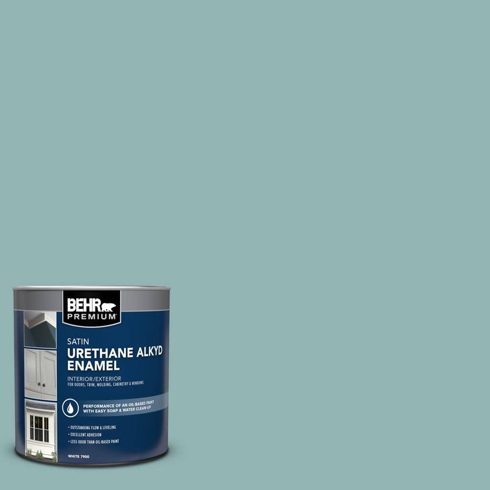 BEHR PREMIUM 1 qt. #BIC-24 Artful Aqua Satin Enamel Urethane Alkyd ...