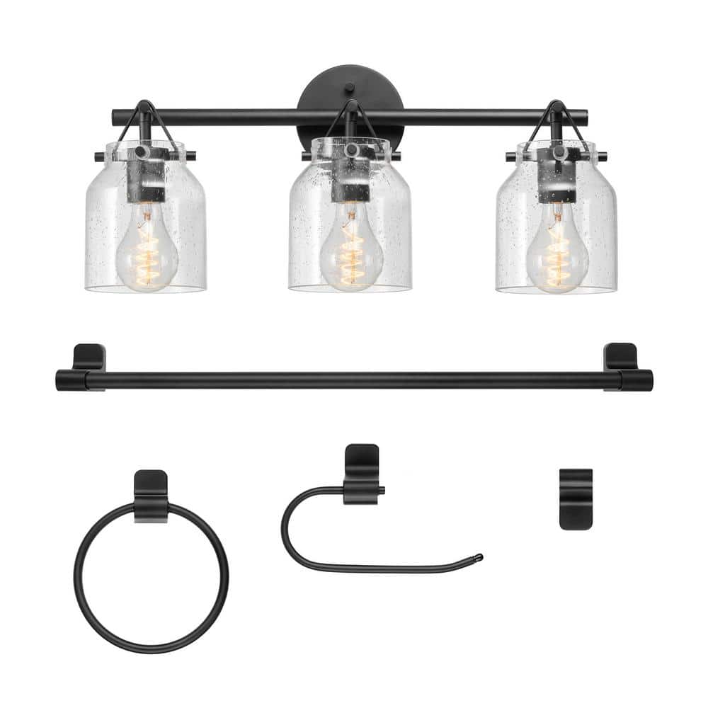 Globe Electric Helm 22 in. 3-Light Matte Black Vanity Light with Seeded ...
