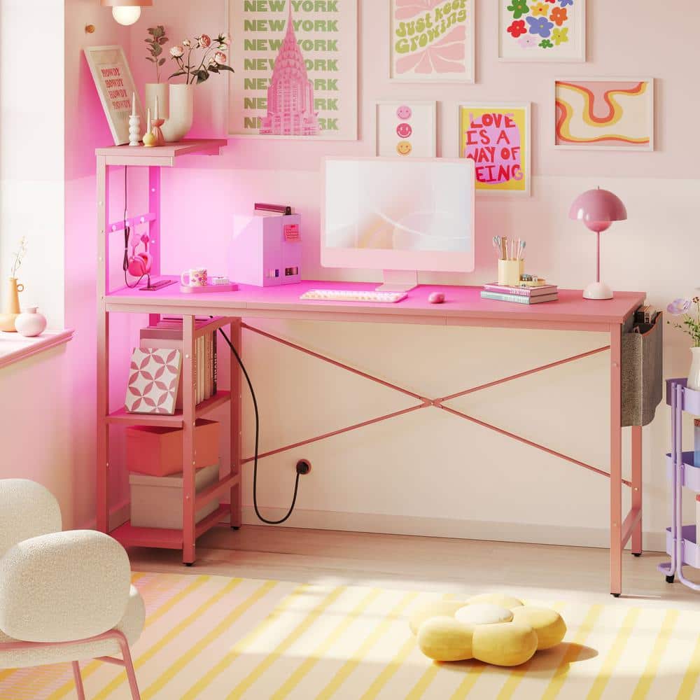 Bestier 61 in. Rectangle Pink Carbon Fiber Wood LED Gaming Desk with 4 ...