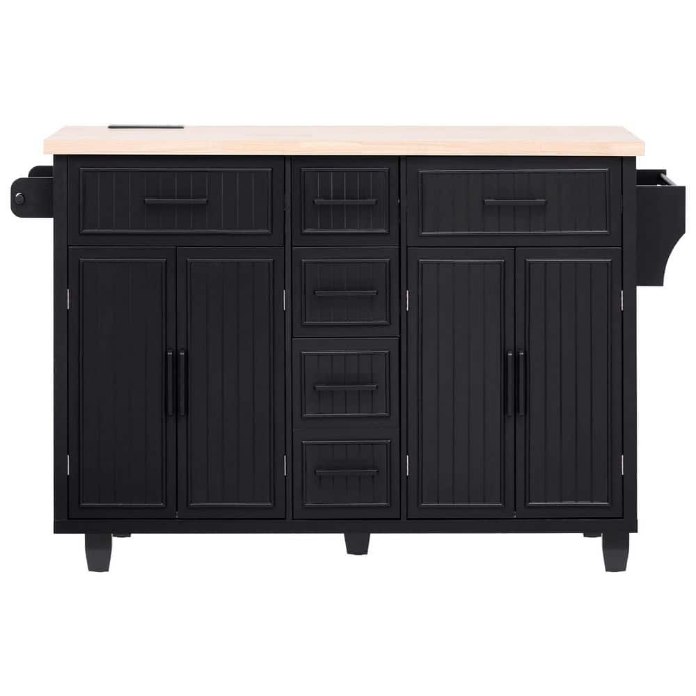 TCYO Black Rubber Wood Kitchen Cart with 4 Doors, 5 Deep Drawers and ...