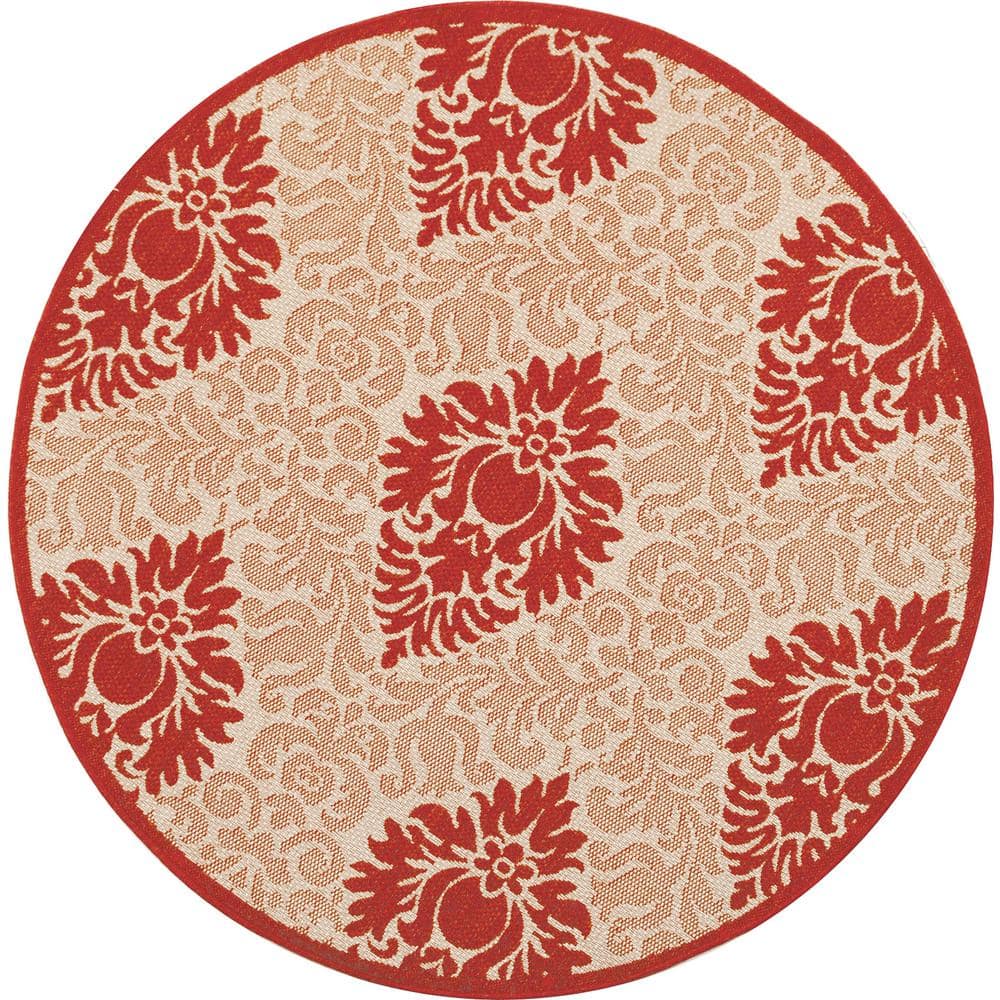 SAFAVIEH Courtyard Natural/Red 5 ft. x 5 ft. Round Floral Indoor ...