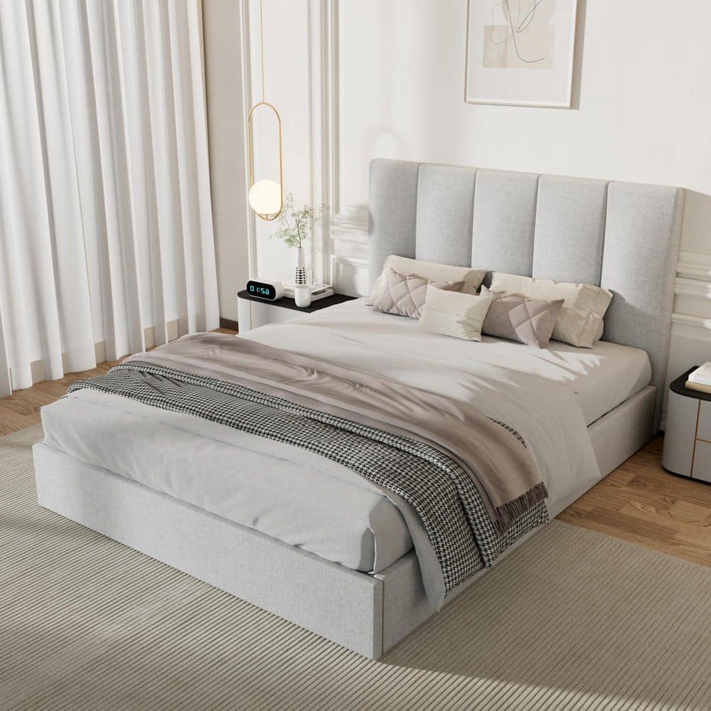 Ahokua Light Gray Plywood Frame Full Size Linen Upholstered Platform ...