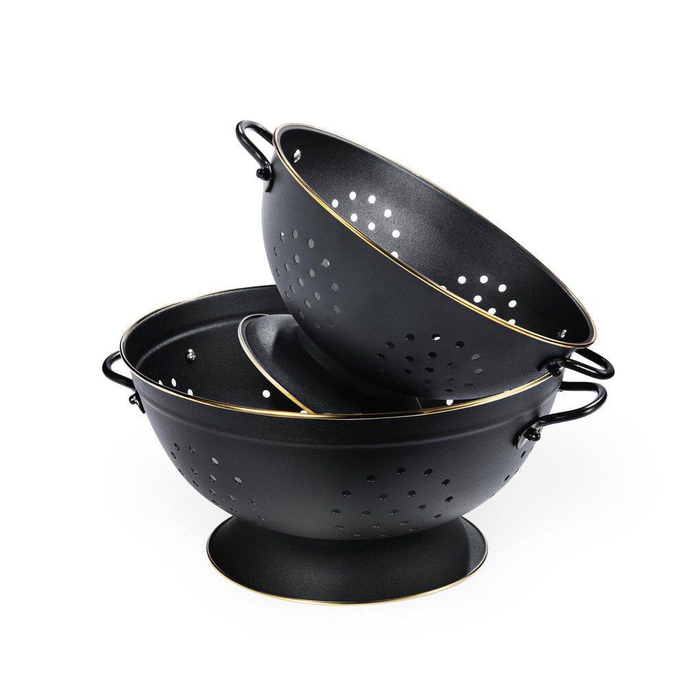 Wudkey 3.5 qt. and 5 qt. Black Metal Colander, Strainer Basket with ...