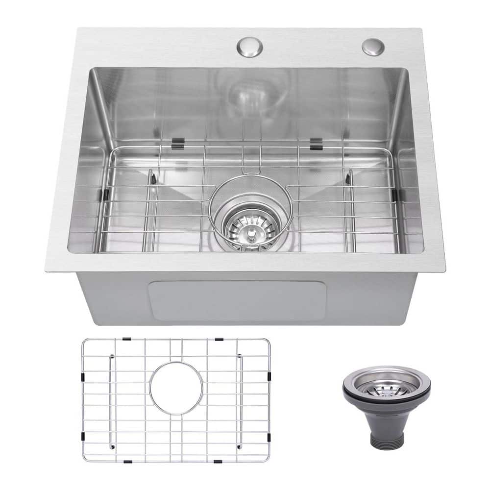 Wudkey 20 in. Drop In Single Bowl 18 Gauge Stainless Steel Kitchen Sink ...