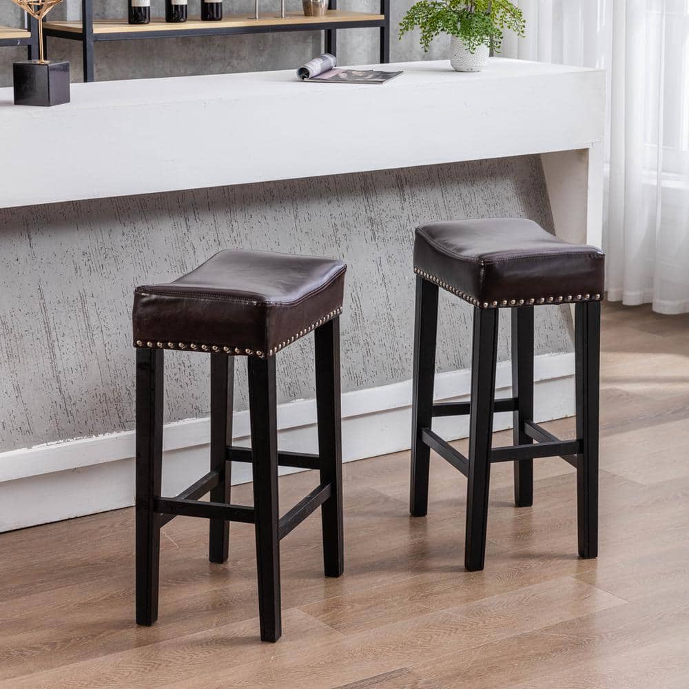 Clihome Counter Height 29 in. Brown Wooden Frame Backless Faux Leather ...