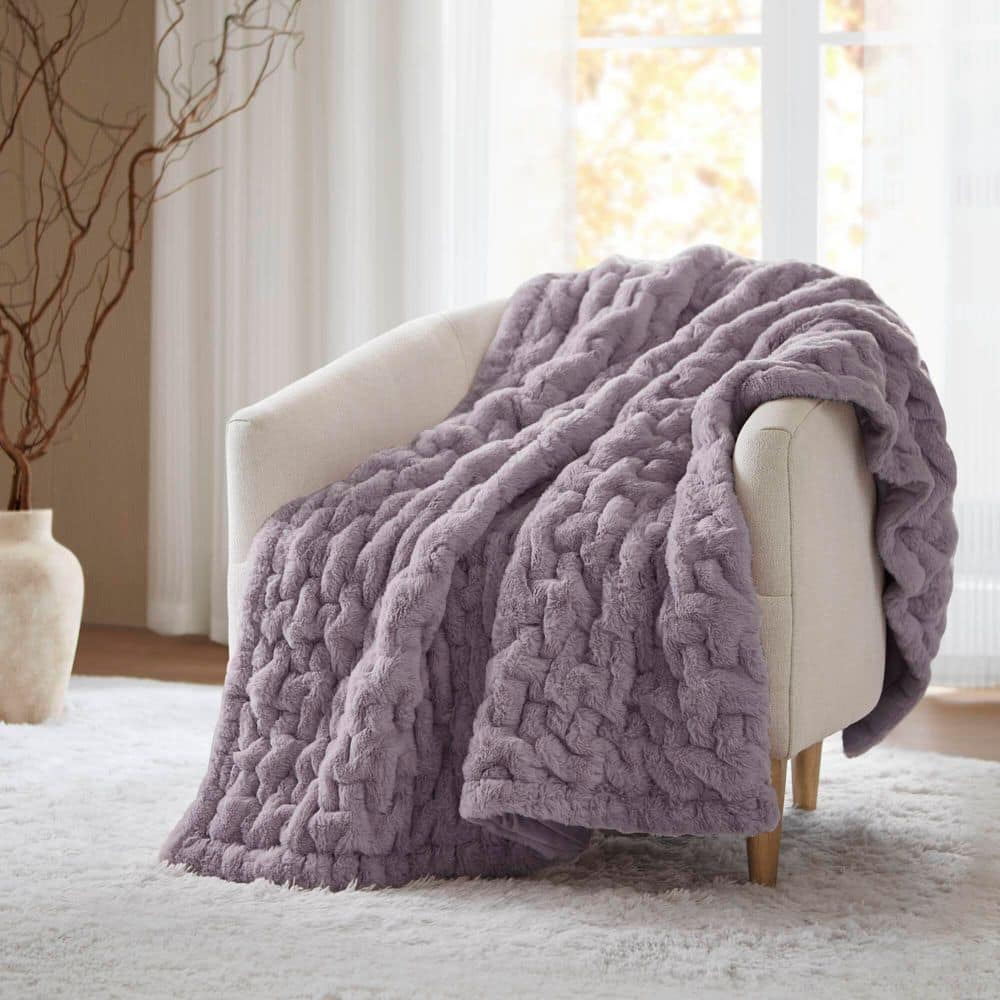 Madison Park Ruched Fur Lavender Gray Polyester Throw Blanket MP50-4876 ...